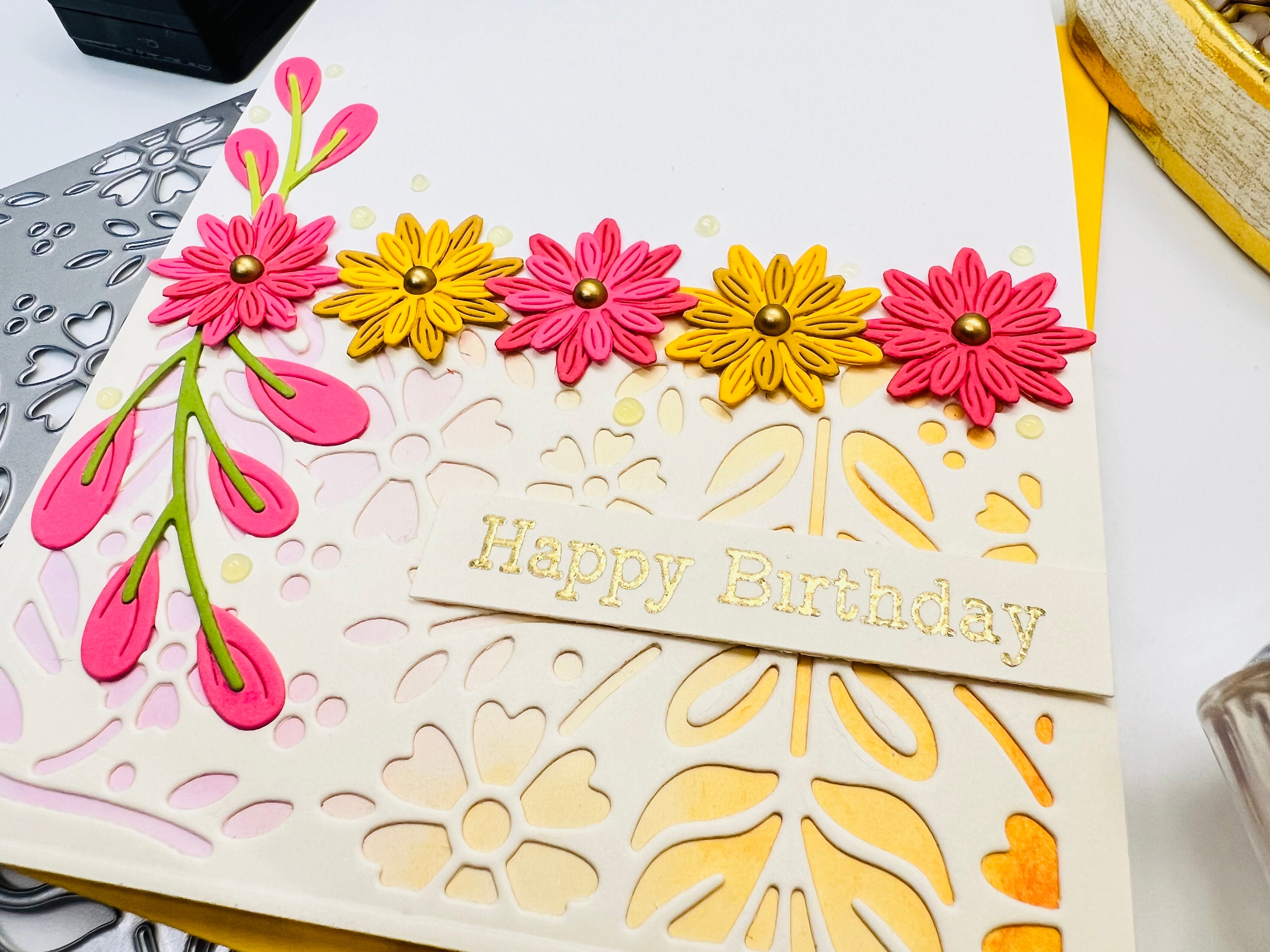 Handmade Happy Birthday Note Card in Colorful Yellow and Pink Floral ...