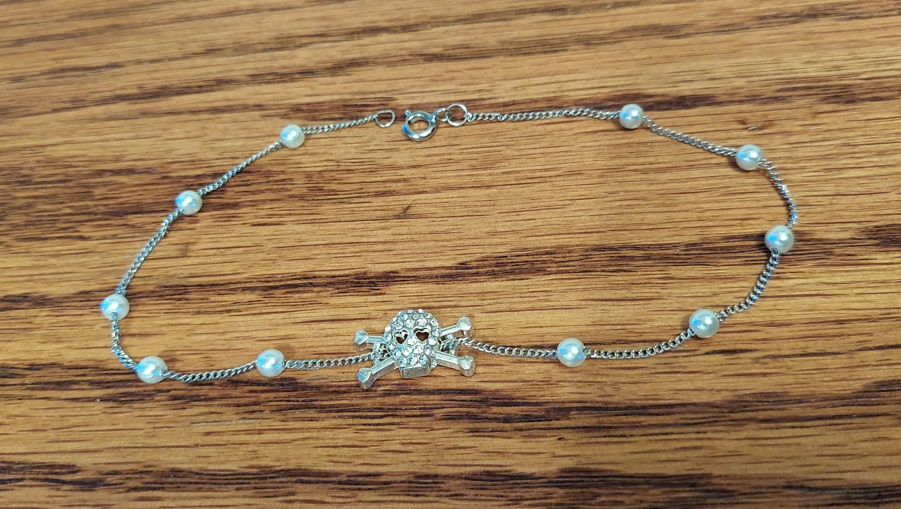 Skull Bones With Crystals Silver Tone and Pearls Anklet Bracelet - Etsy