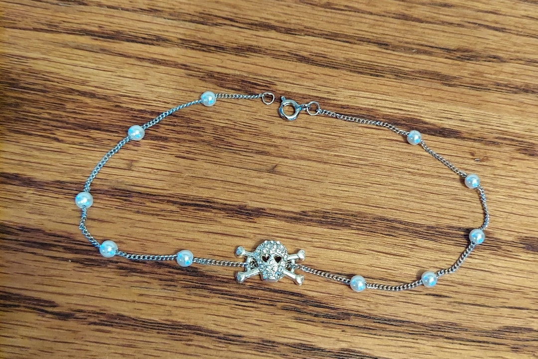 Skull Bones With Crystals Silver Tone and Pearls Anklet Bracelet - Etsy