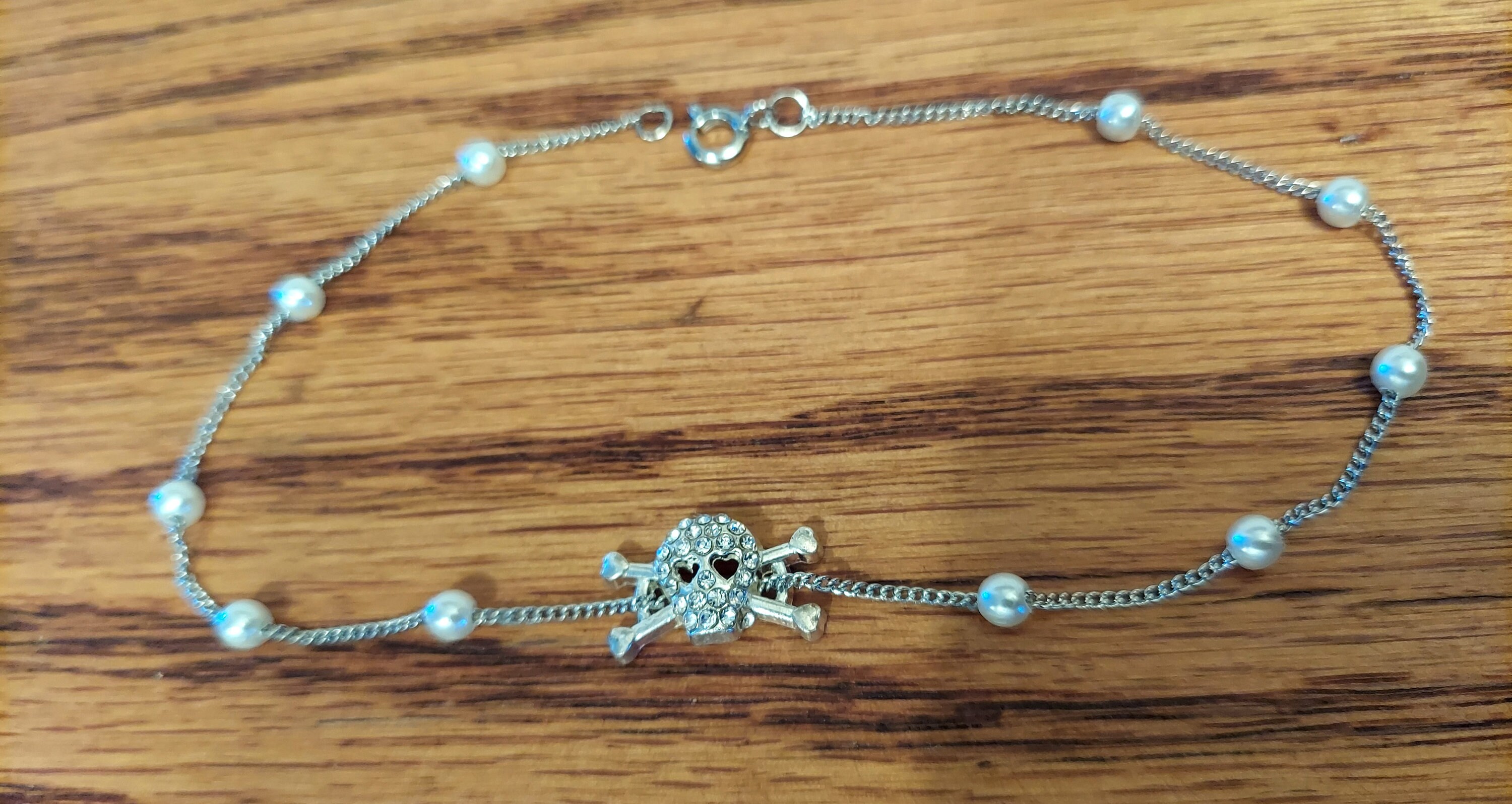 Skull Bones With Crystals Silver Tone and Pearls Anklet Bracelet - Etsy