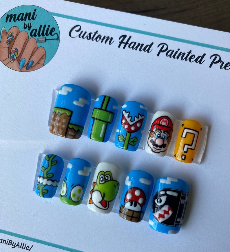 Press on Nails Mario Yoshi Themed Gamer Nintendo Nail Art Hand Painted ...