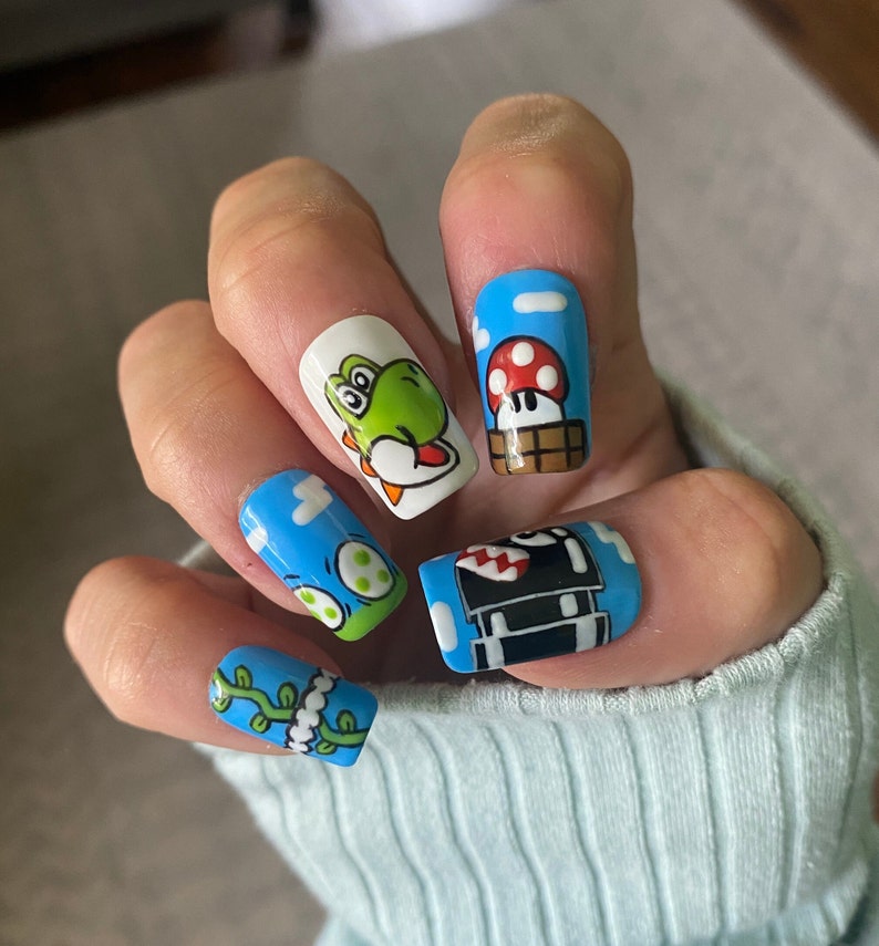 Press on Nails Mario Yoshi Themed Gamer Nintendo Nail Art Hand Painted ...