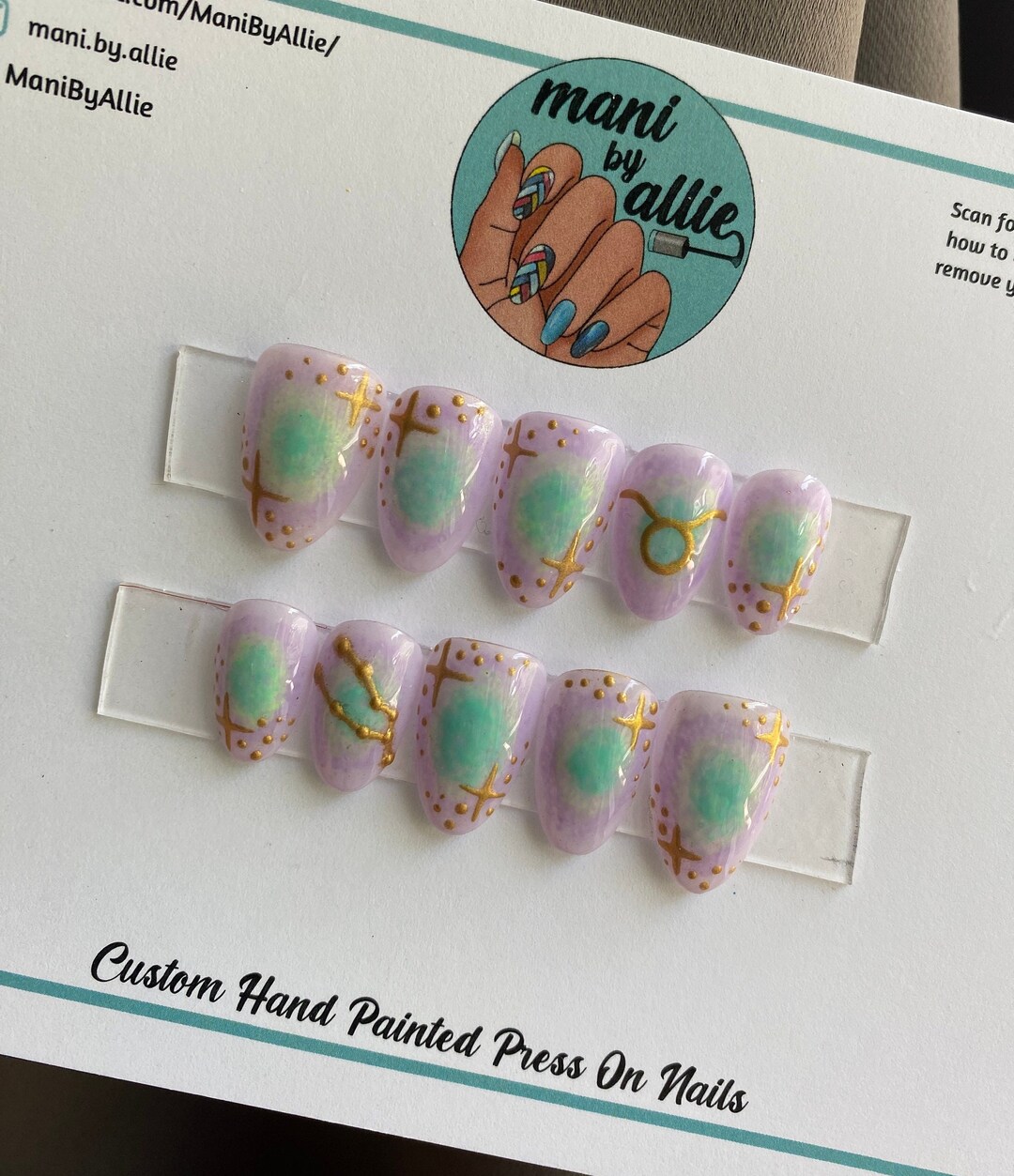 Press on Nails Aura Taurus Zodiac Nail Art Hand Painted Reusable Glue ...