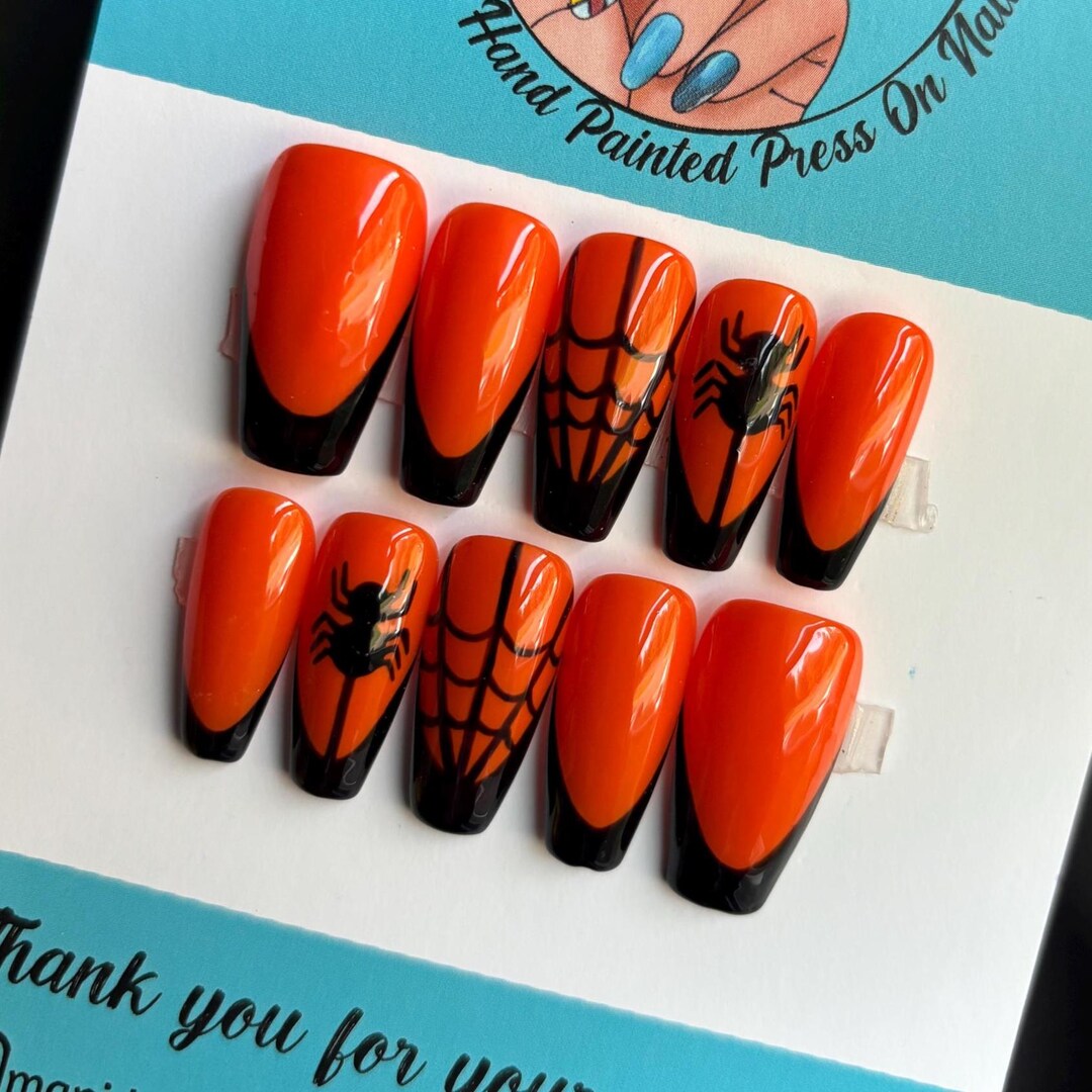 Halloween Orange Spider Web French Tip Spooky Press on Nails | Hand ...