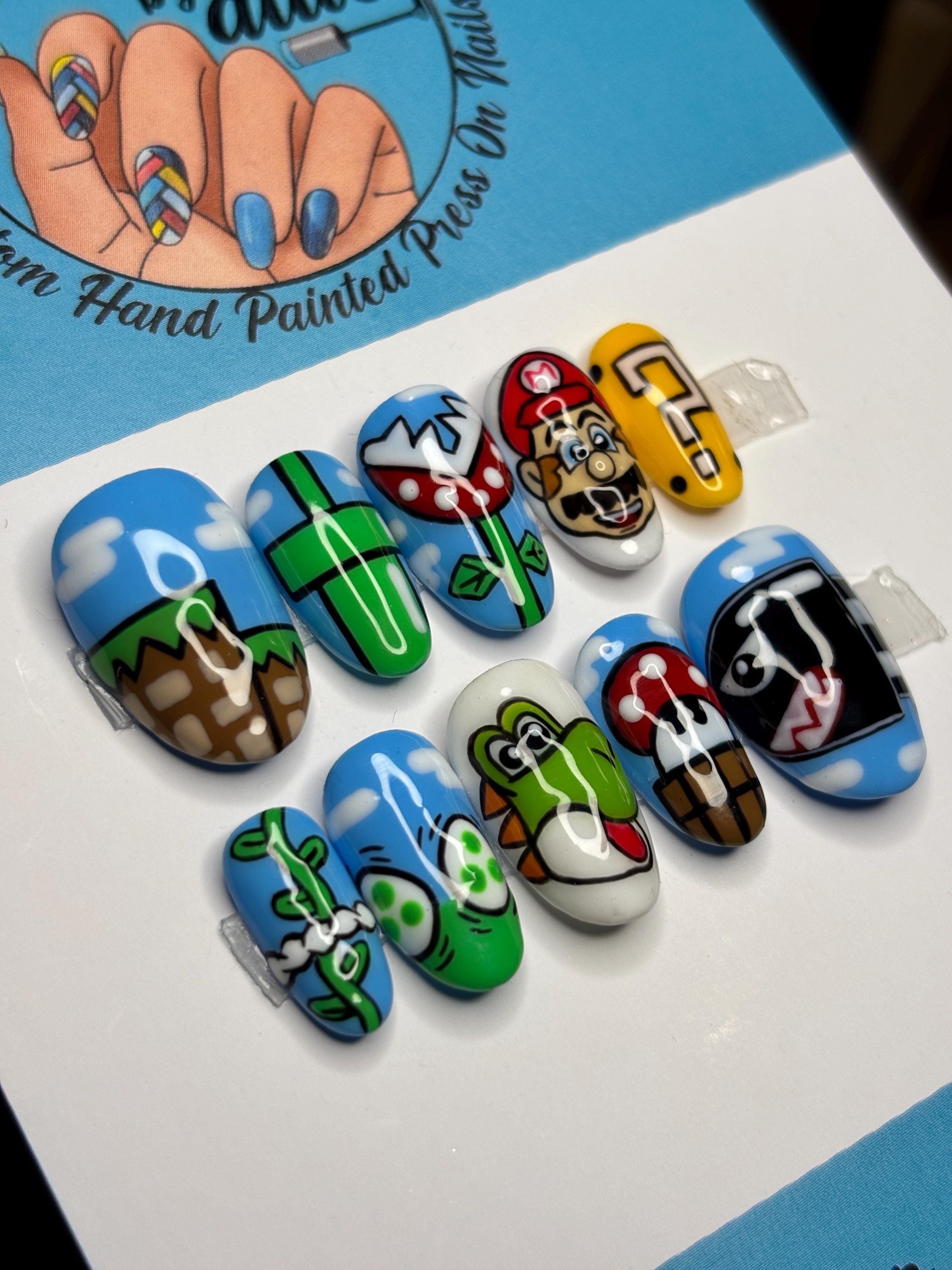 Super Mario Bros Yoshi Luigi Gamer Press on Nails | Hand Painted ...