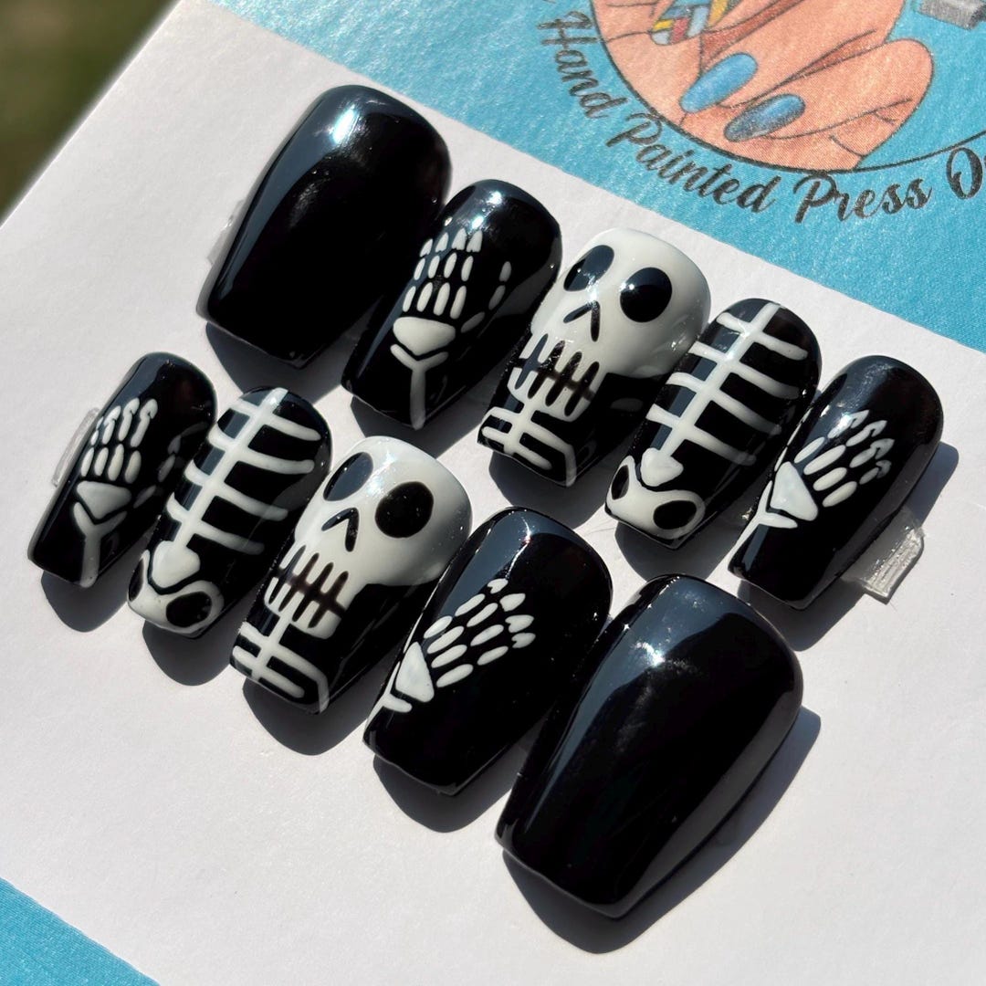 Halloween Skeleton Black Press on Nails: Spooky, Skull, Bones | Hand ...