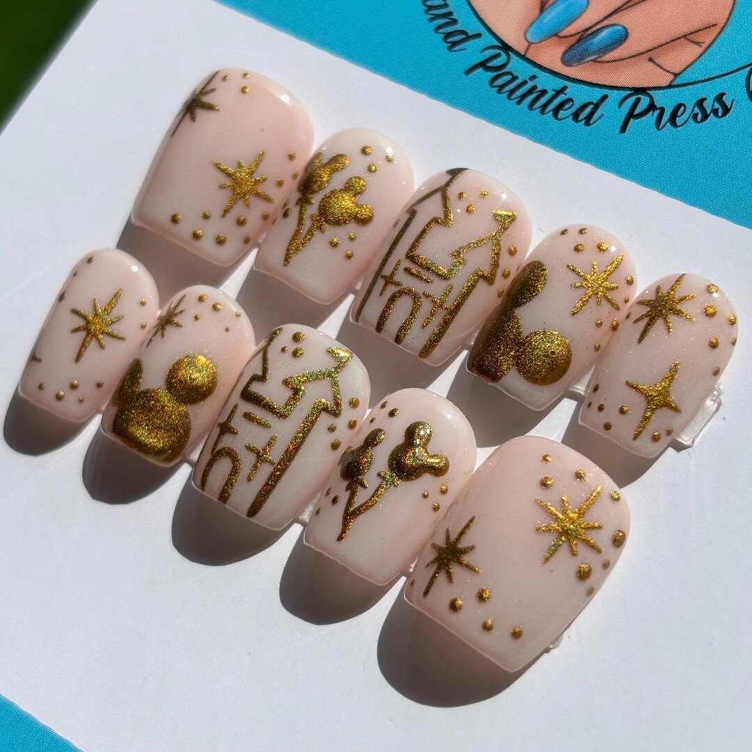 Disney Mickey Stars Cinderella Castle Chrome Press on Nails | Hand Painted Custom Nail Art ...