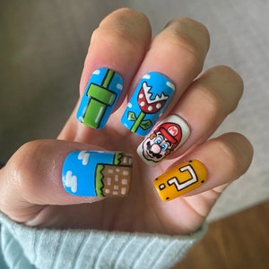 Press on Nails Mario Yoshi Themed Gamer Nintendo Nail Art Hand Painted ...