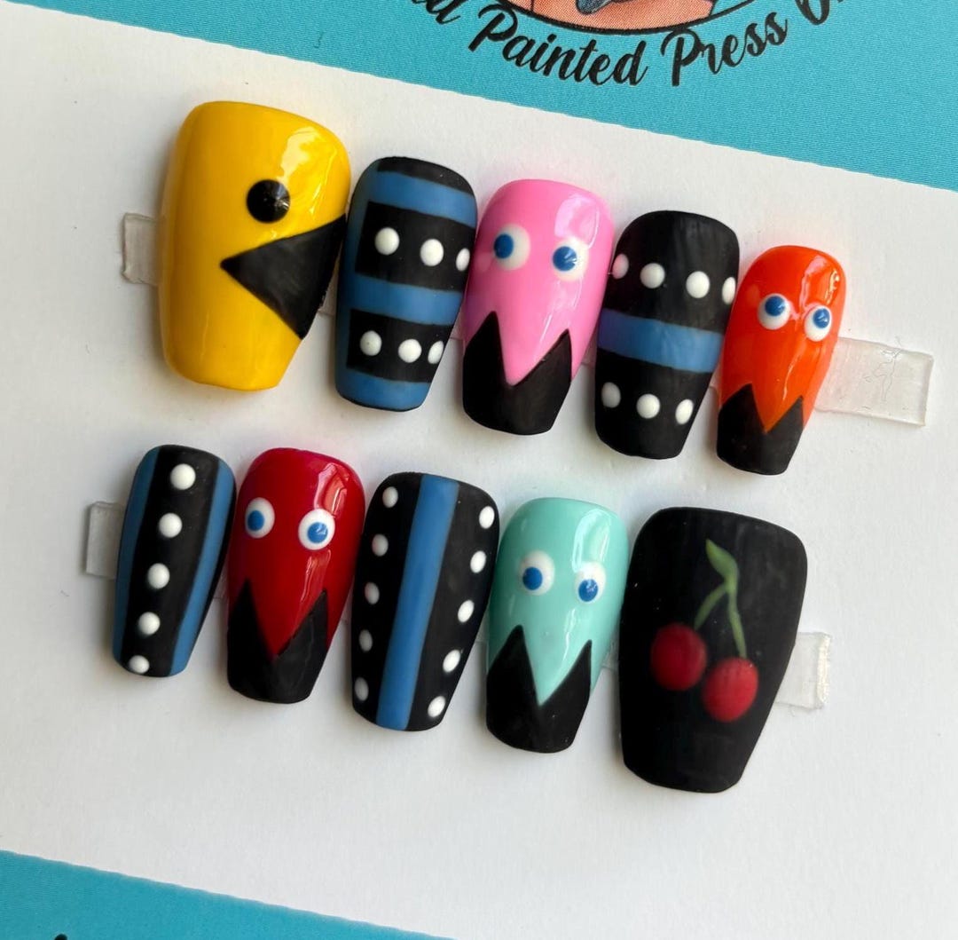 Pacman Retro Gaming Arcade Black Matte Press on Nails | Hand Painted ...