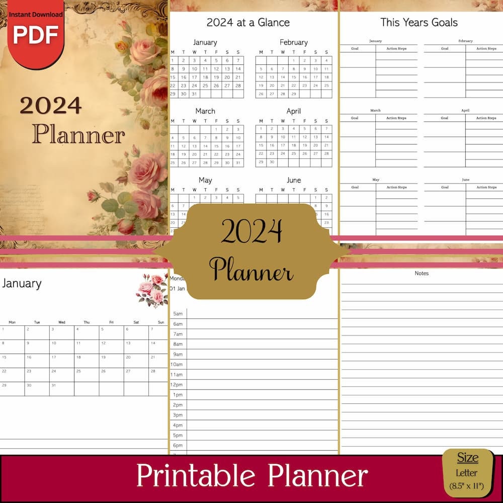 2024 Vintage Roses Daily Printable Planner Letter 8.5 X 11 - Etsy