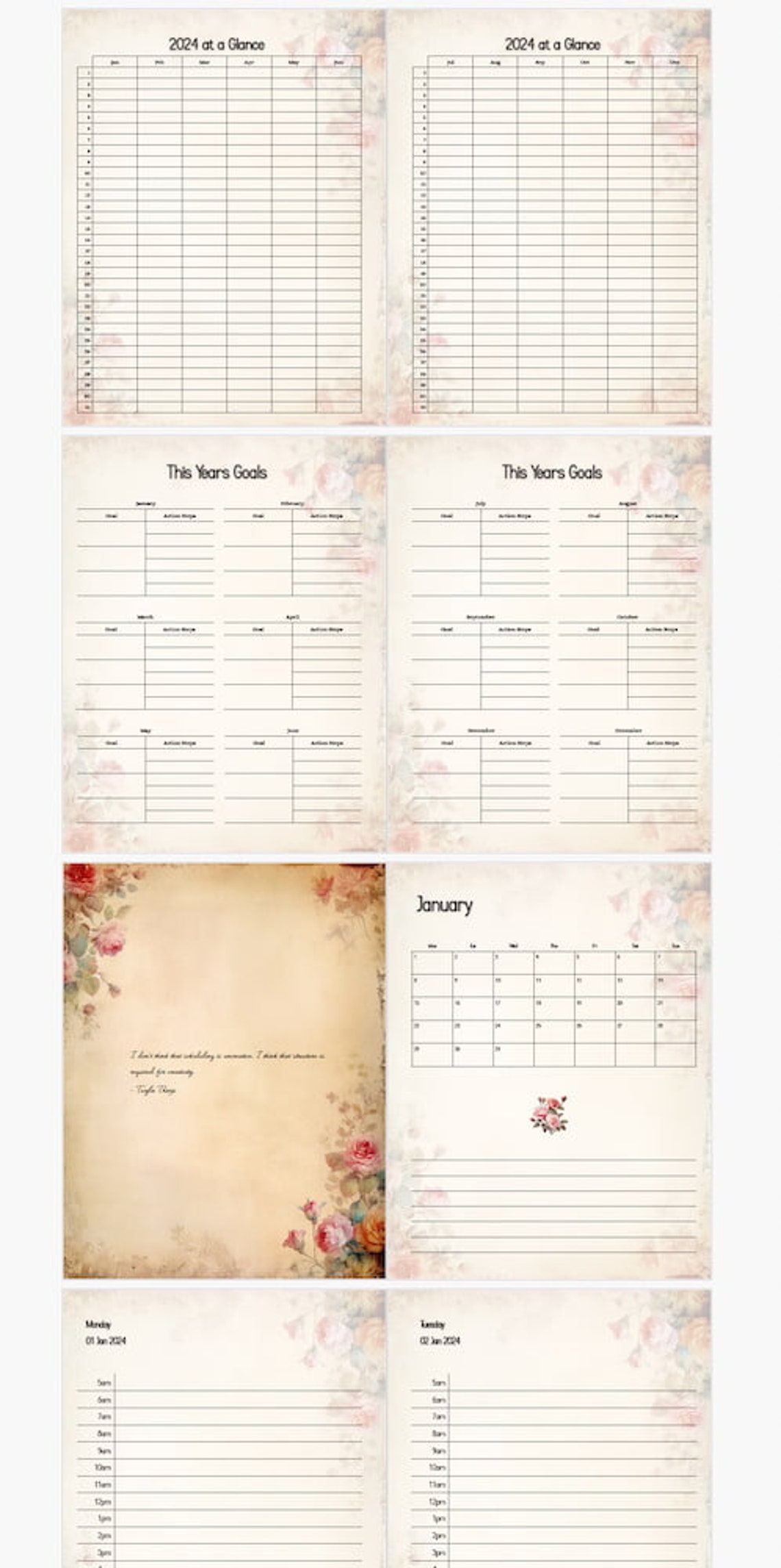 2024 Vintage Roses Daily Printable Planner Letter 8.5 X 11 - Etsy