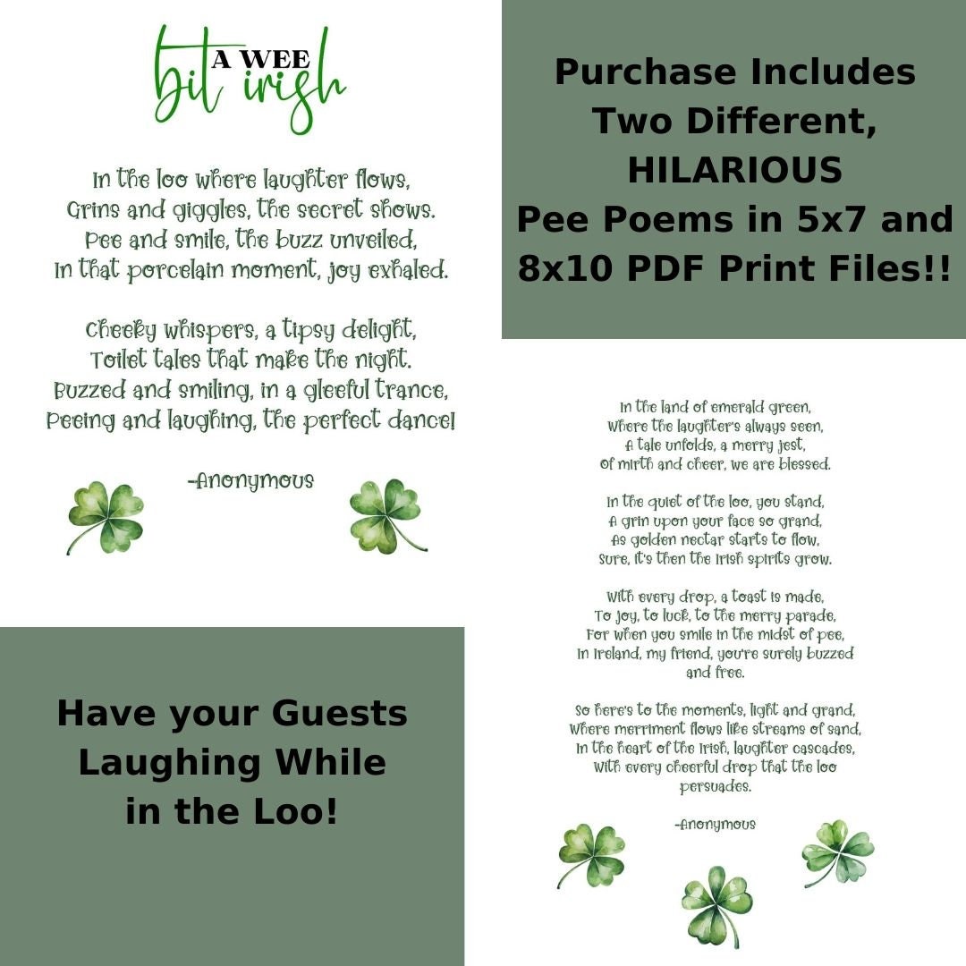 St Patrick Day Funny Pee Loo Poems, Printable Wall Art, Irish Print ...