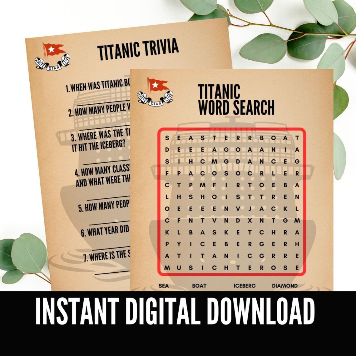 TITANIC Games Word Search+trivia Printable Titanic Yacht Boat Birthday ...