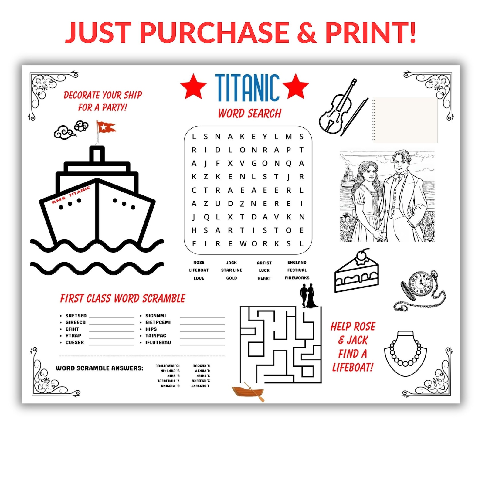 TITANIC KIDS Placemat Games/activities, TITANIC Coloring, Wordsearch ...