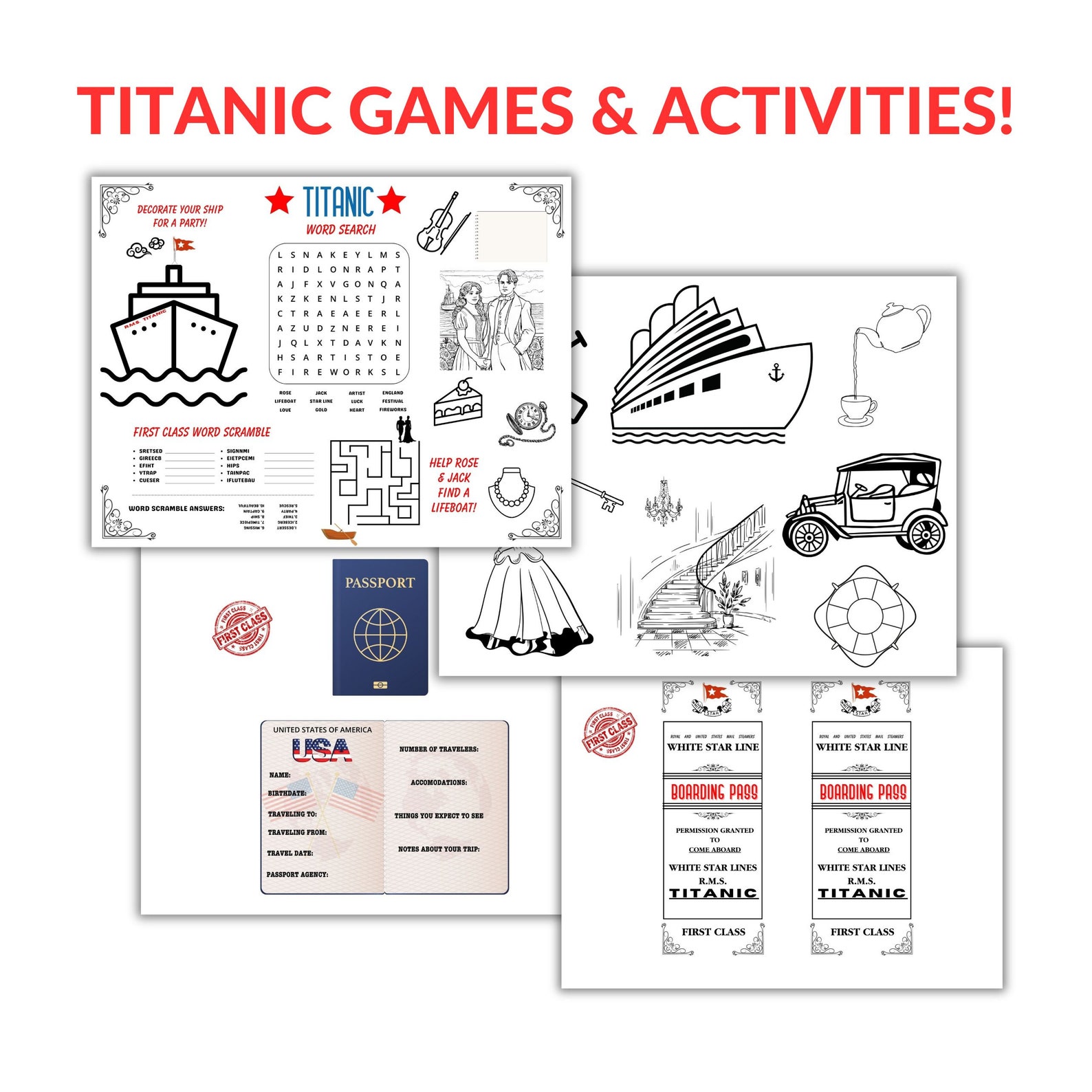 TITANIC KIDS Placemat Games/activities, TITANIC Coloring, Wordsearch ...
