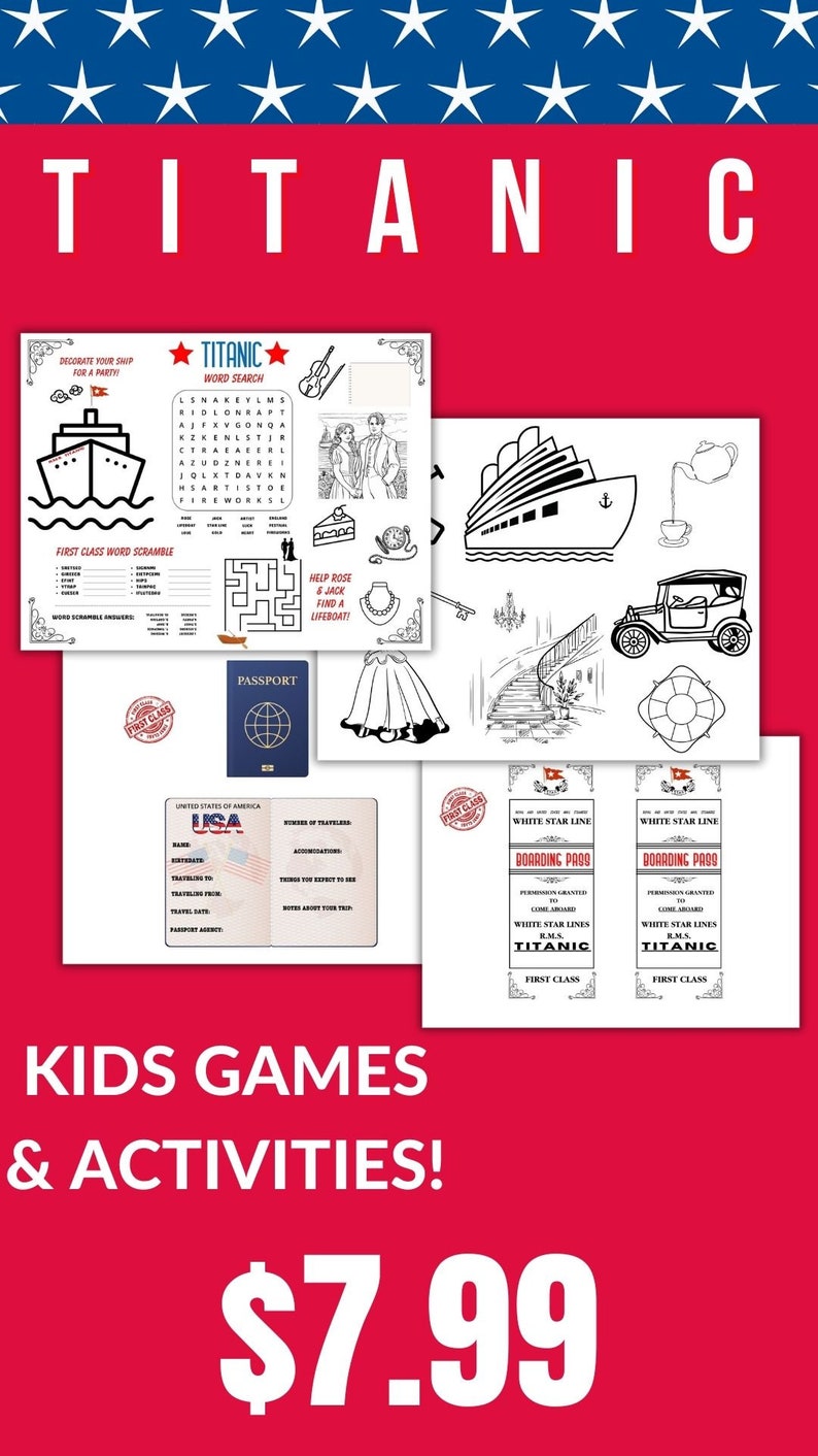 TITANIC KIDS Placemat Games/activities, TITANIC Coloring, Wordsearch ...