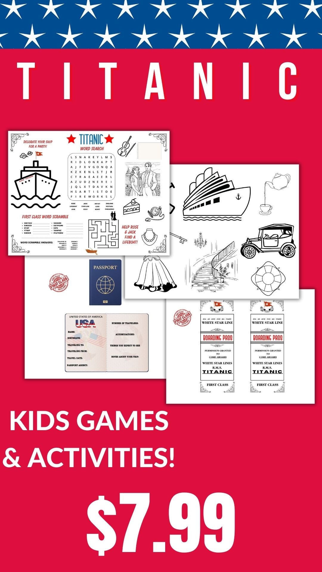 TITANIC KIDS Placemat Games/activities, TITANIC Coloring, Wordsearch ...