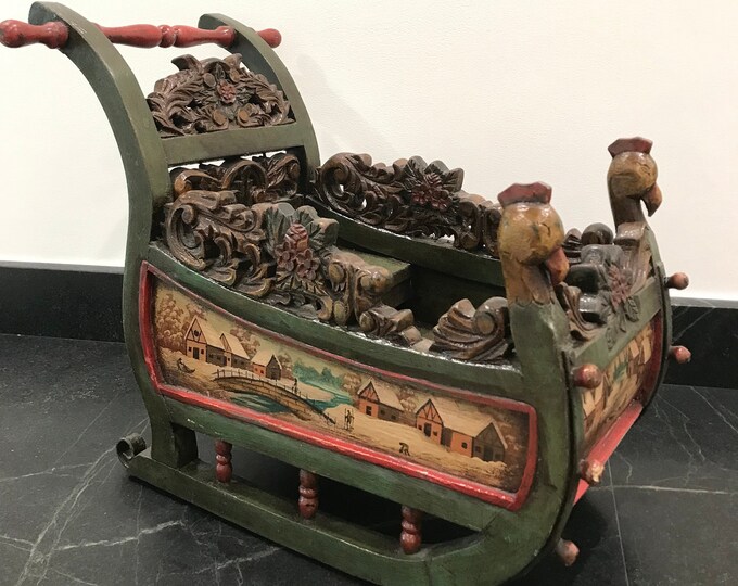 Gorgeous Antique German Carved Wooden Sleigh With Hand Painted Scenes ...