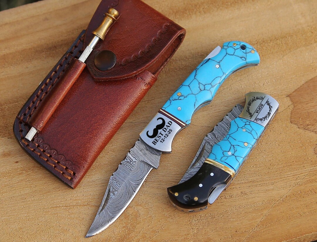 Handmade Pocket Knife Damascus Folding Knife With Turquoise Stone ...