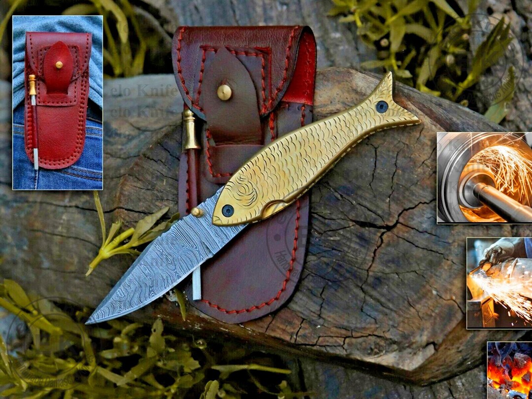 Custom Fish Pocket Knife Handmade Damascus Fold Knife Rose Wood Bone ...