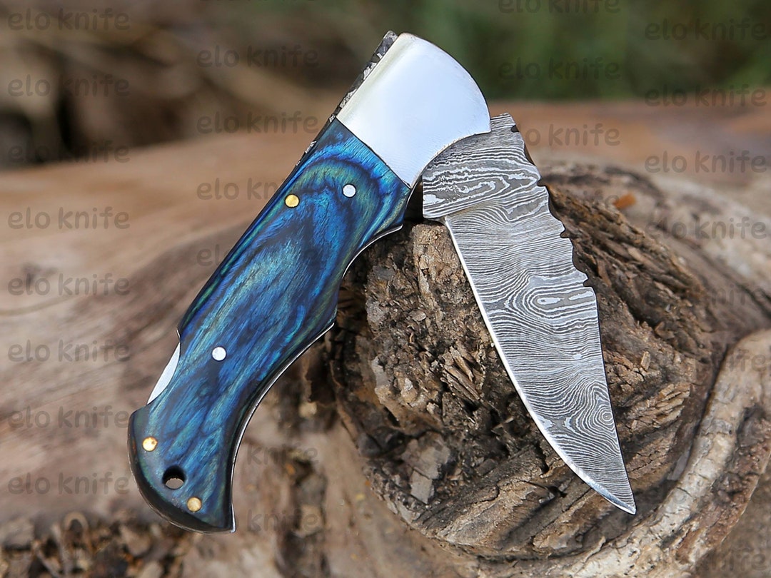Handmade Damascus Pocket Knife Folding Knives Blue Wood Handle Gift for ...