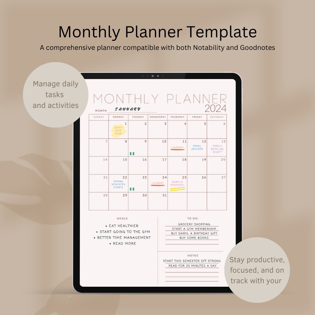 Digital Planner, Monthly Planner Template, 2024 Monthly Planner ...