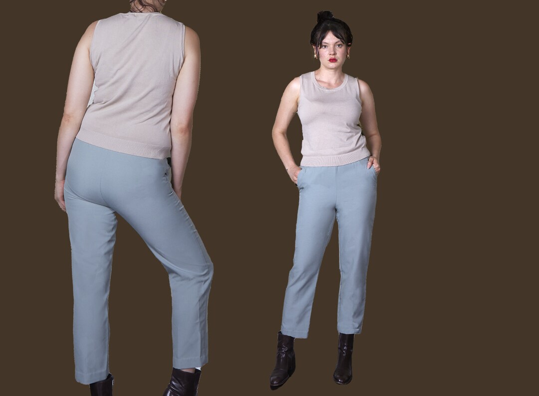 Elastic Waist Trouser Slate Blue Pants Straight Leg Polyester Basic ...