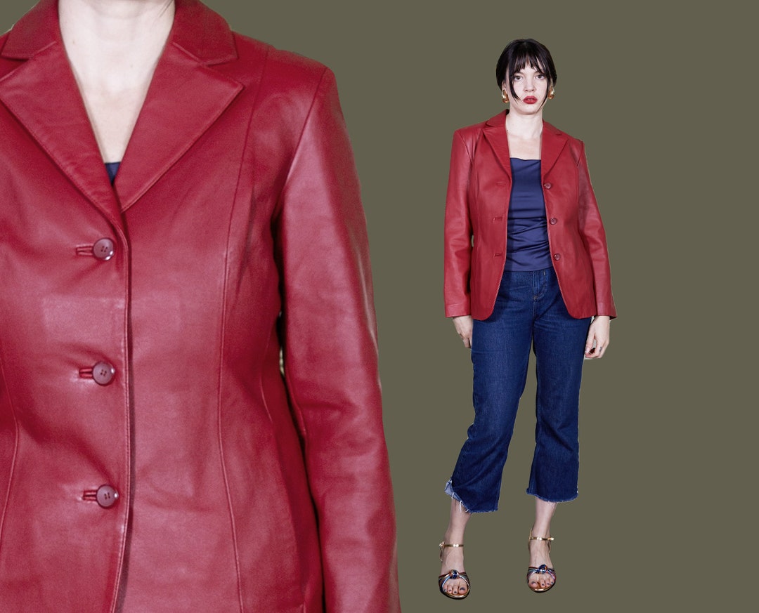 RED LEATHER JACKET Midi Minimalist Y2k Vintage Trench Chic Worthington ...