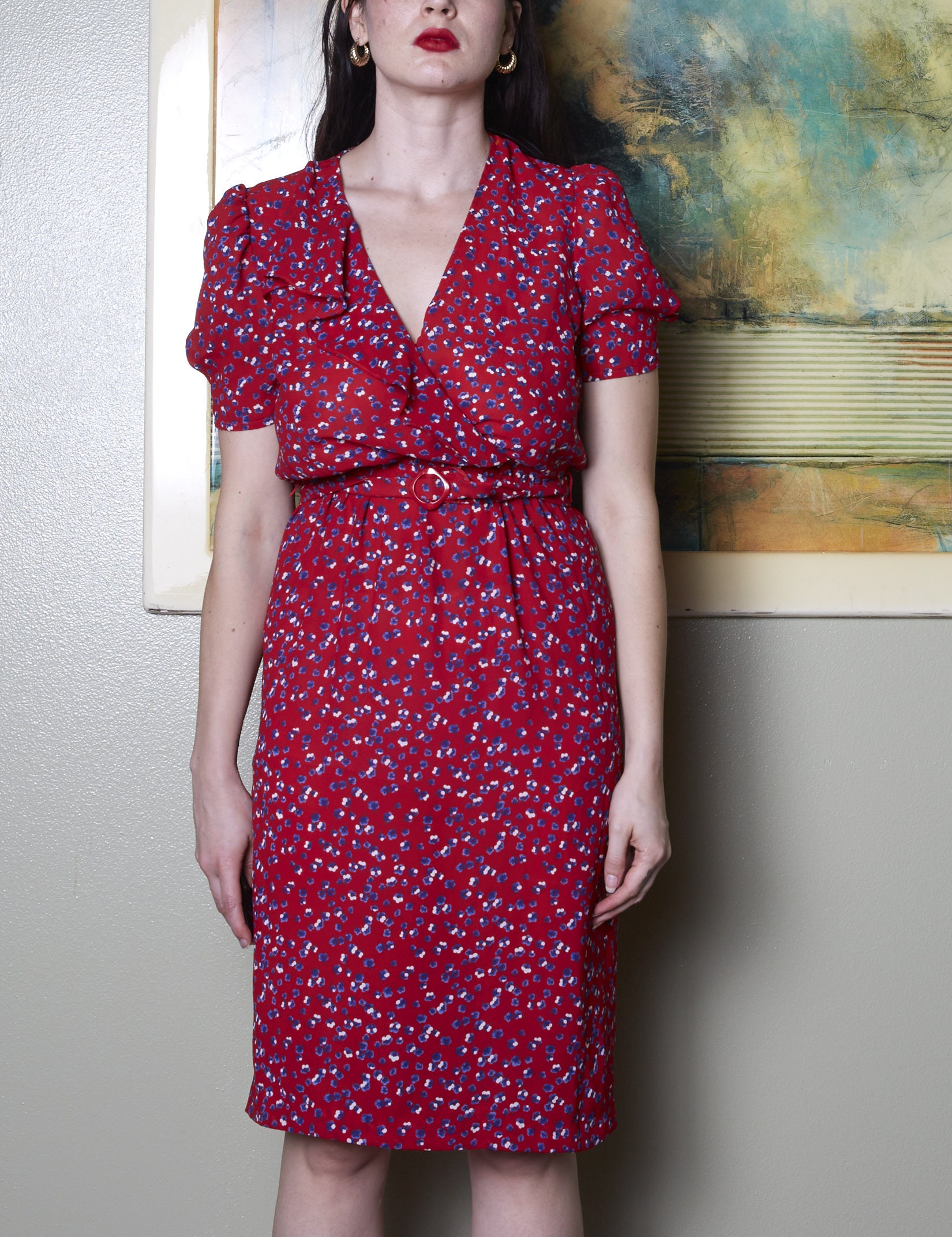 90s Floral Dress Tomato Girl Secretary Dress Vintage Ruffle High ...