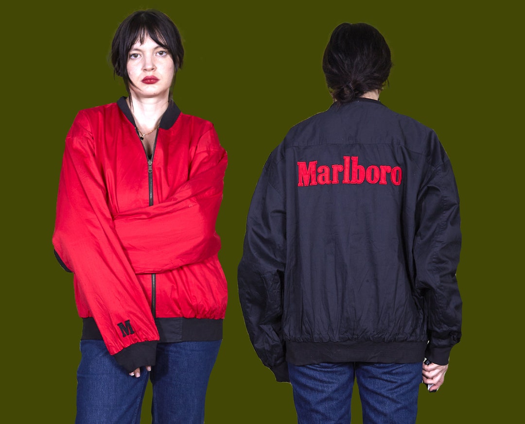 REVERSIBLE Marlboro Jacket Bomber Red Black Spell Out Cigarette Brand ...