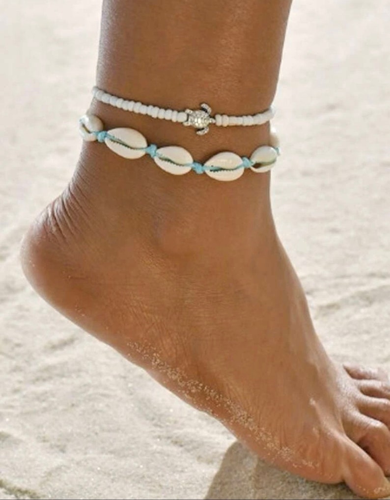 Teal Shell & Beaded Turtle Anklet Set - Etsy