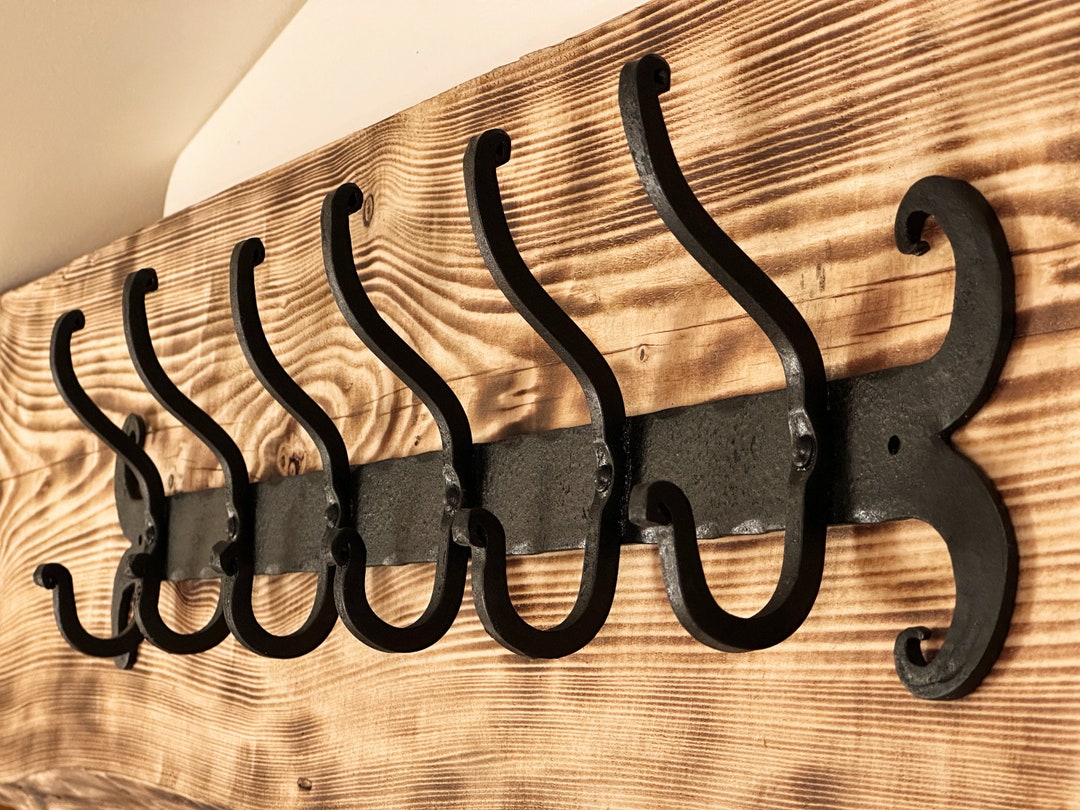 Vintage Hand Forged Metal Coat Hook Rail Rack Peg Hanger Distressed ...
