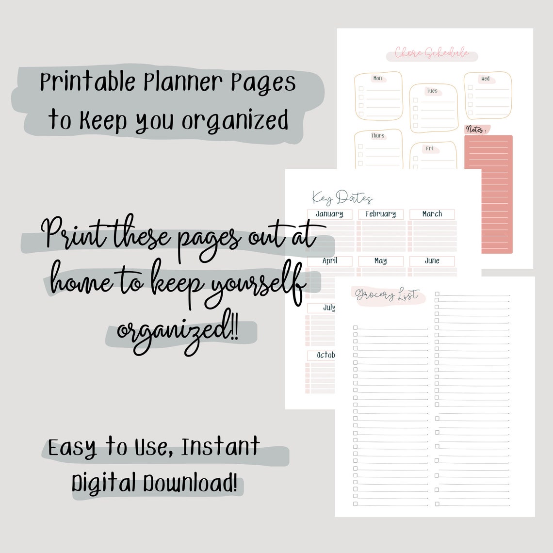 Printable Planner Pages, Digital Download Planner, 6 Pages, 2 Grocery ...