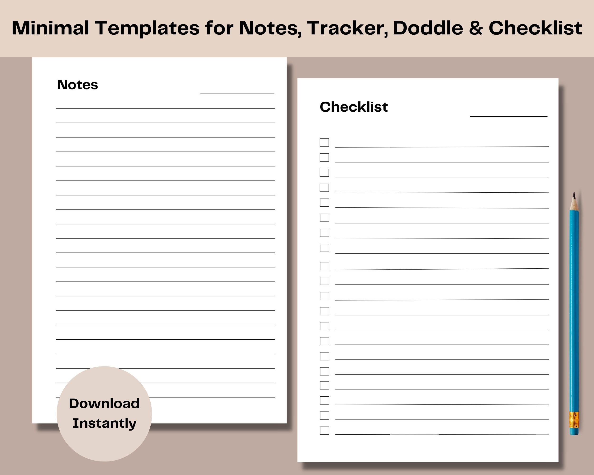 Minimal Printable Paper Templates Notes, Tracker, Doddle, Checklist for ...
