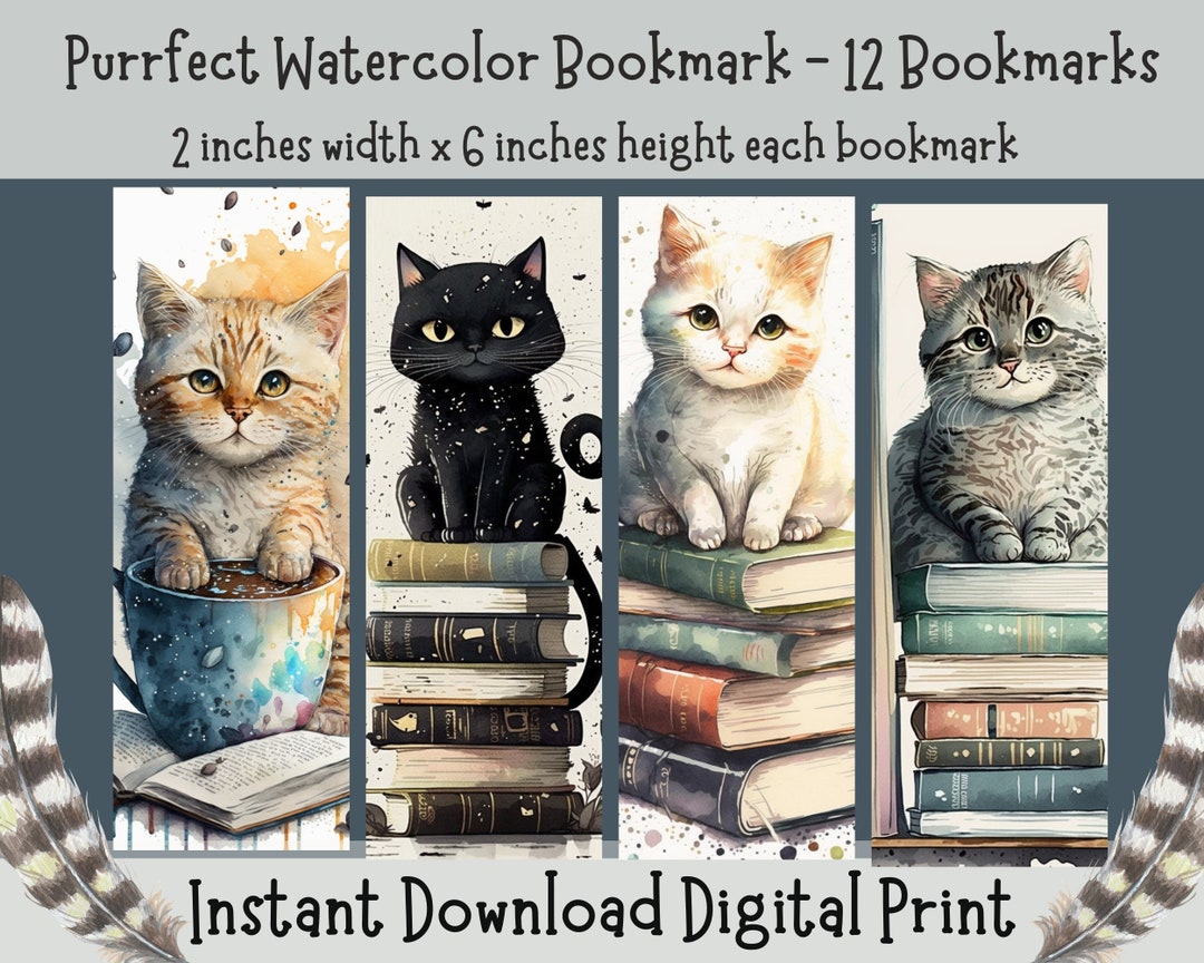 Cat Bookmark, Cute Bookmark, Cute Cat Bookmark, Cat Watercolor Bookmark ...