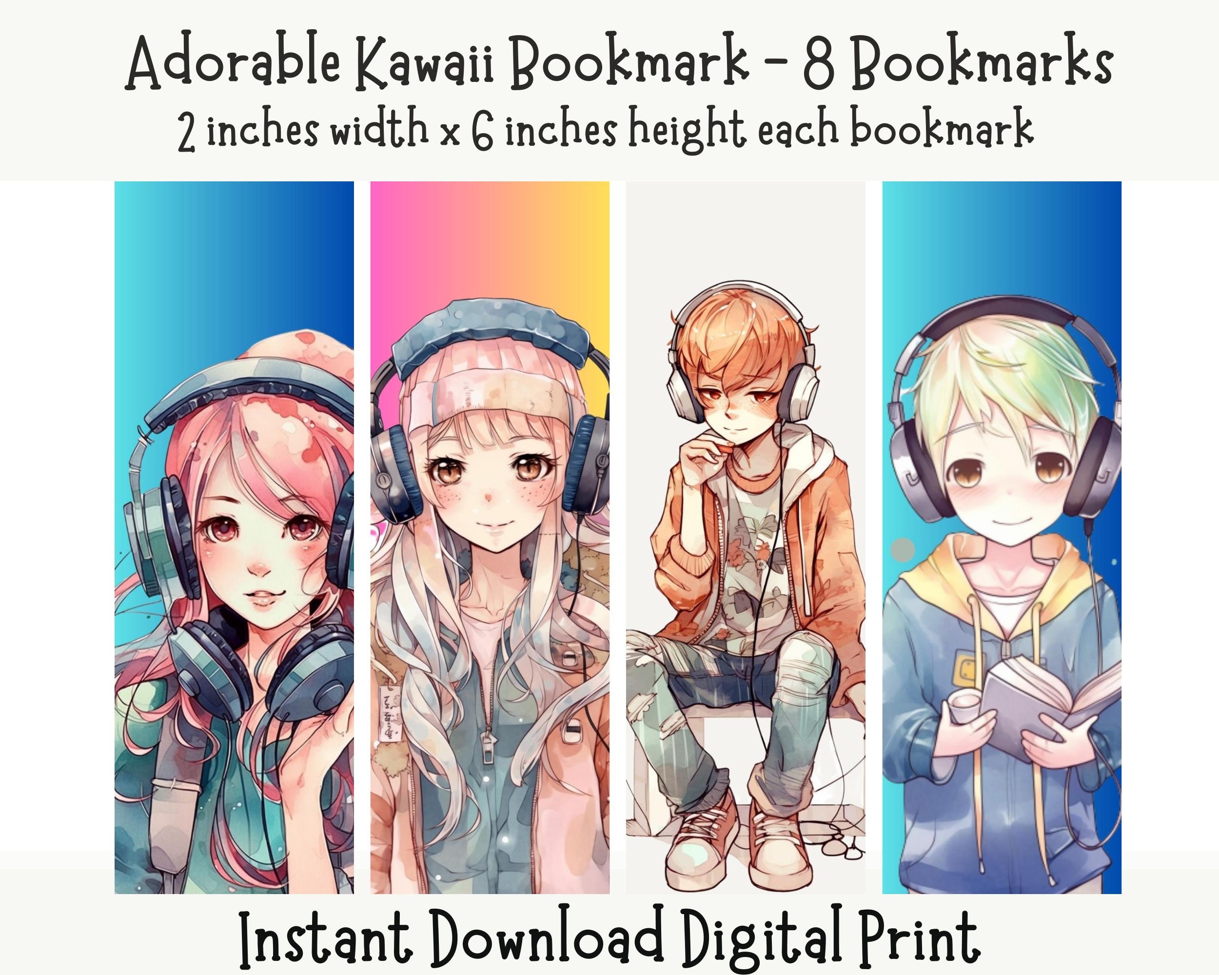 Kawaii Bookmark, Anime Bookmark, Cute Kawaii Bookmark, Watercolor ...