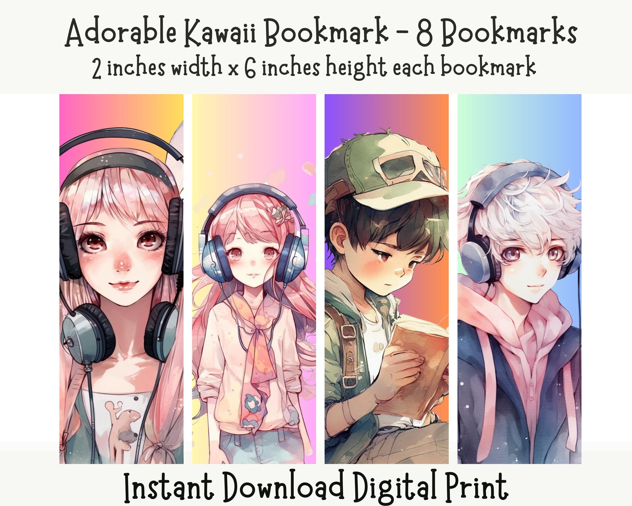 Kawaii Bookmark, Anime Bookmark, Cute Kawaii Bookmark, Watercolor ...