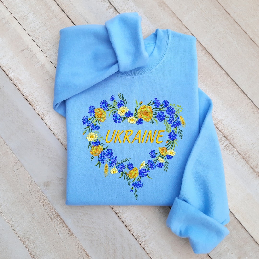 Embroidered Ukrainian Sweatshirt, Blue Yellow Heart Sweatshirt, Flower ...