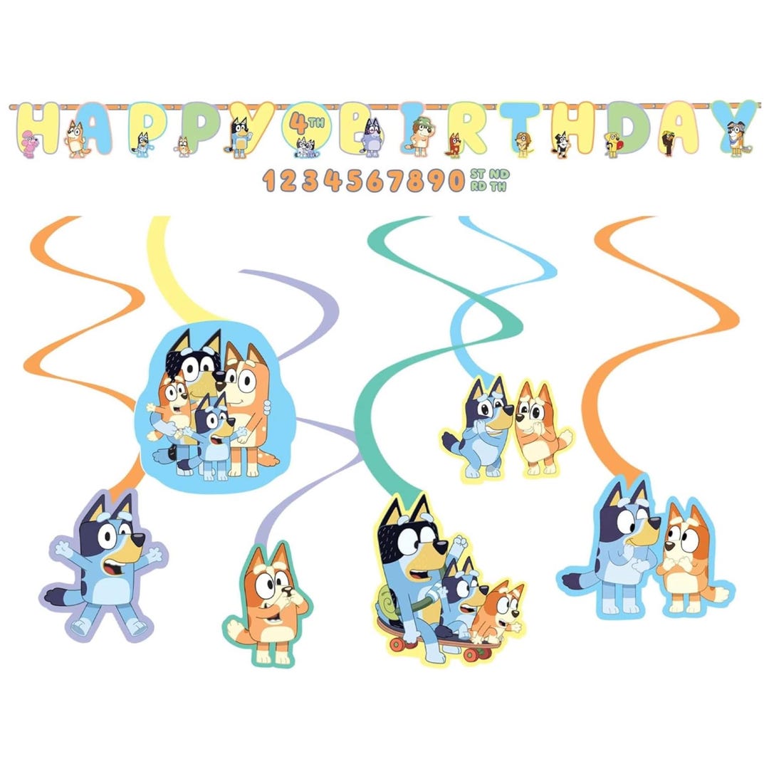 Bluey Theme Cartoon Kids Birthday Party Banner and 12 Hanging Swirls ...