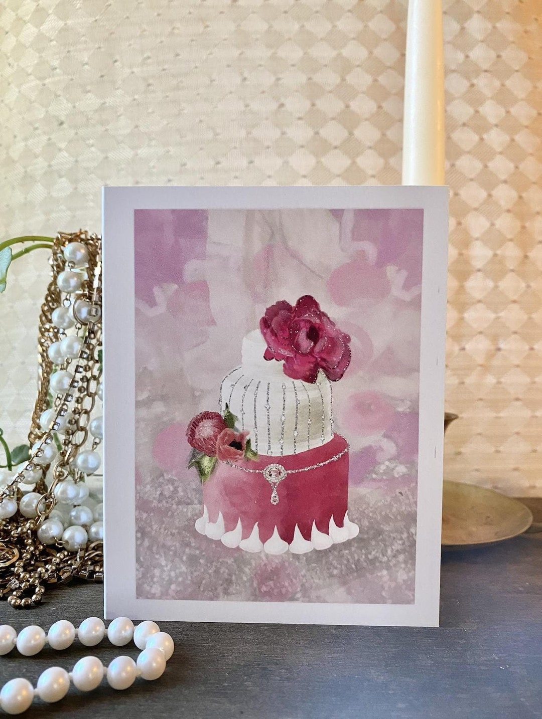 Blank Cake Card | Top Tier Love | Handmade Sparkling Floral Cake Card ...
