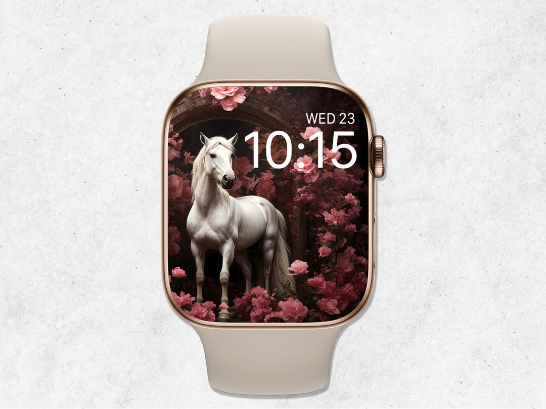 Horse Apple Watch Wallpaper, Floral Watch Face, White Horse in Pink ...