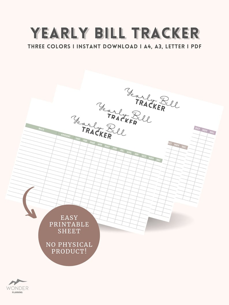 Yearly Bill Tracker Overview Template Printable, GREEN, Yearly Bill ...