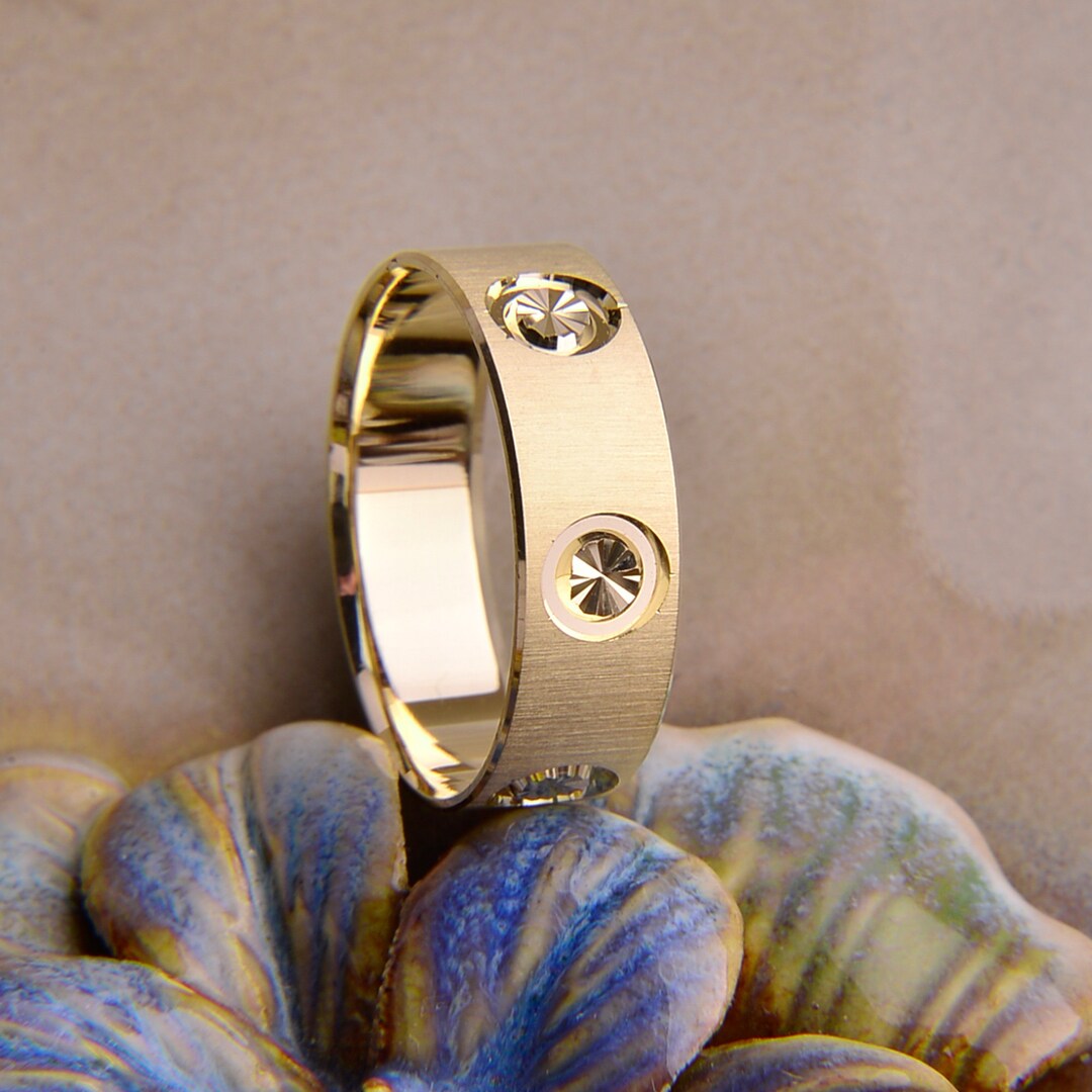 ENGAGEMENT RING YELLOW Gold Wide Flat for Women / 14k 6.00 Mm Solid ...