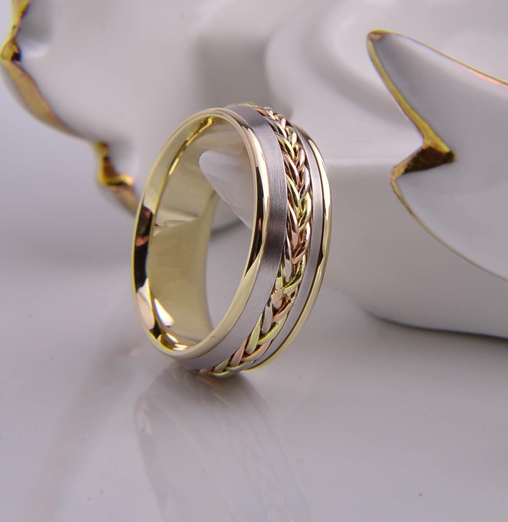10K RINGS BRAIDED Wedding Band / Laides Elegant Twisted Double Ring Set ...