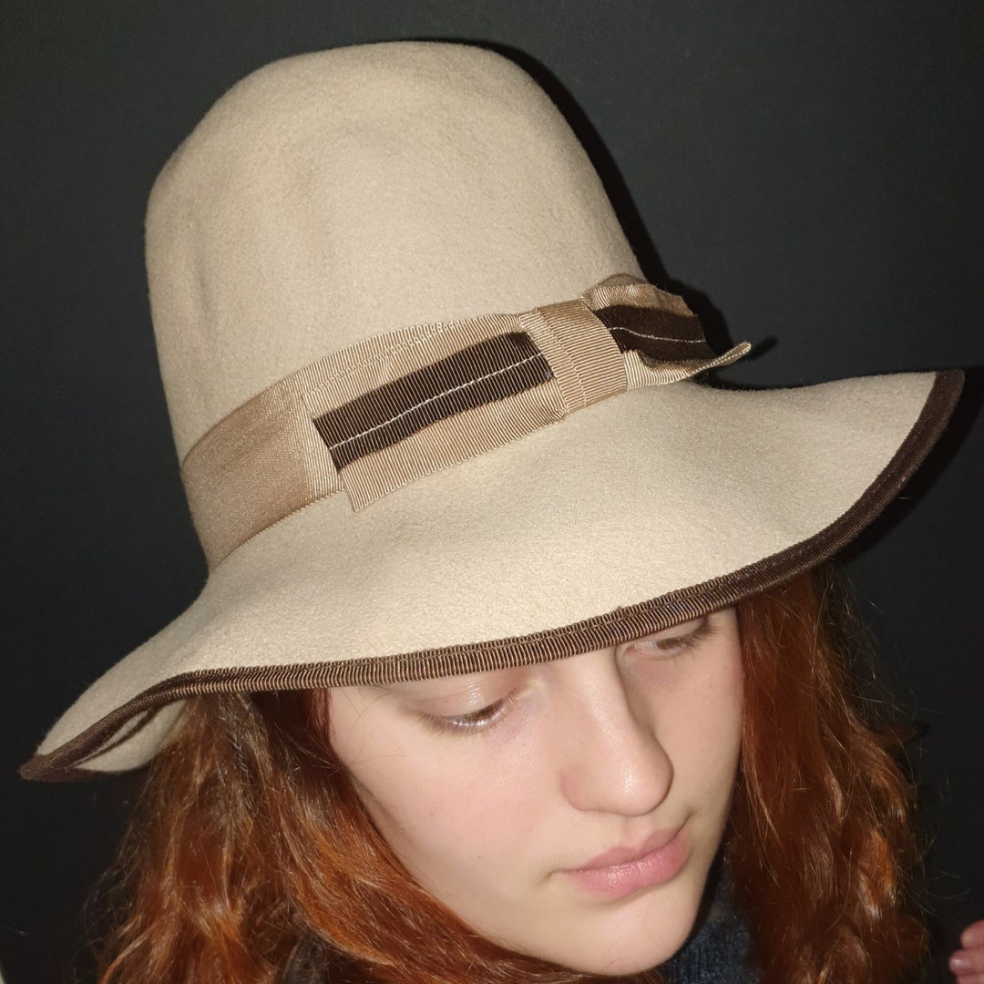 Classic 1970's Vintage Hat in Cream and Brown With Bow - Etsy