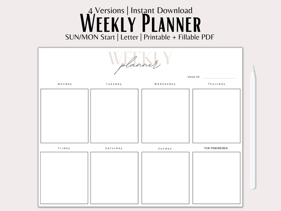 Weekly Planner Printable Landscape, Minimalist Weekly Schedule, Week at ...