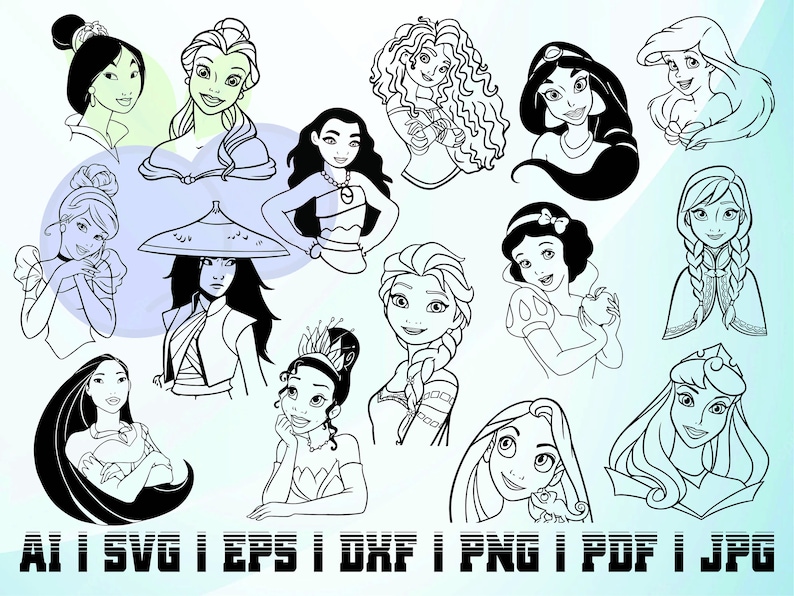 All 13 Princesses! + 2 More Silhouette Svg Vector Outline Instant ...