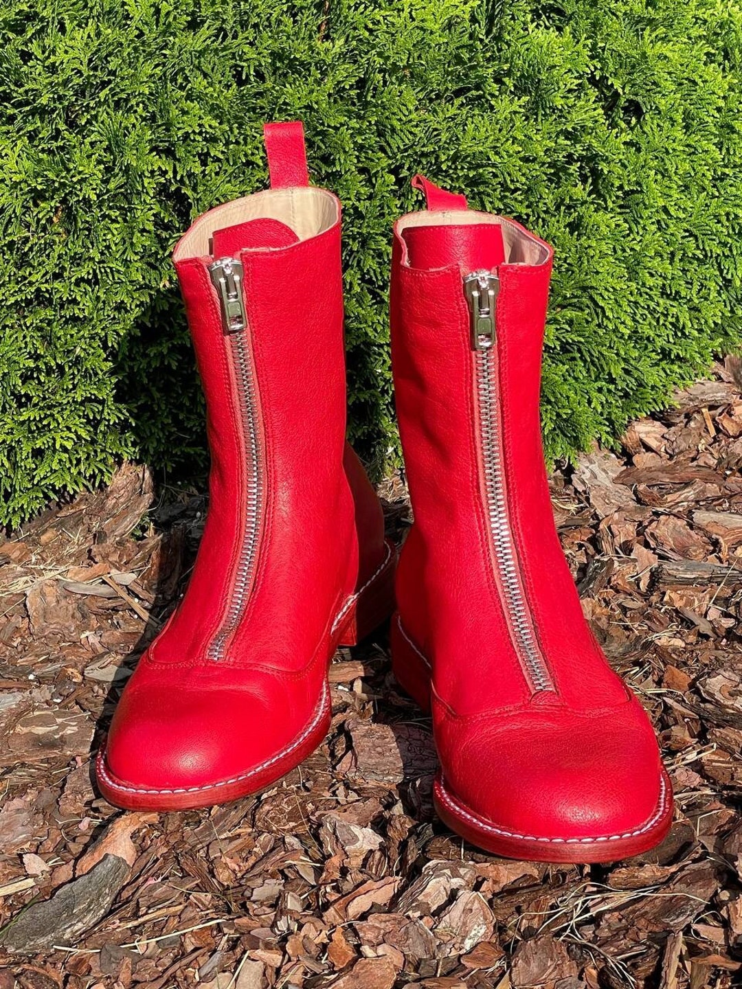 Red Leather Zip Boots - Etsy