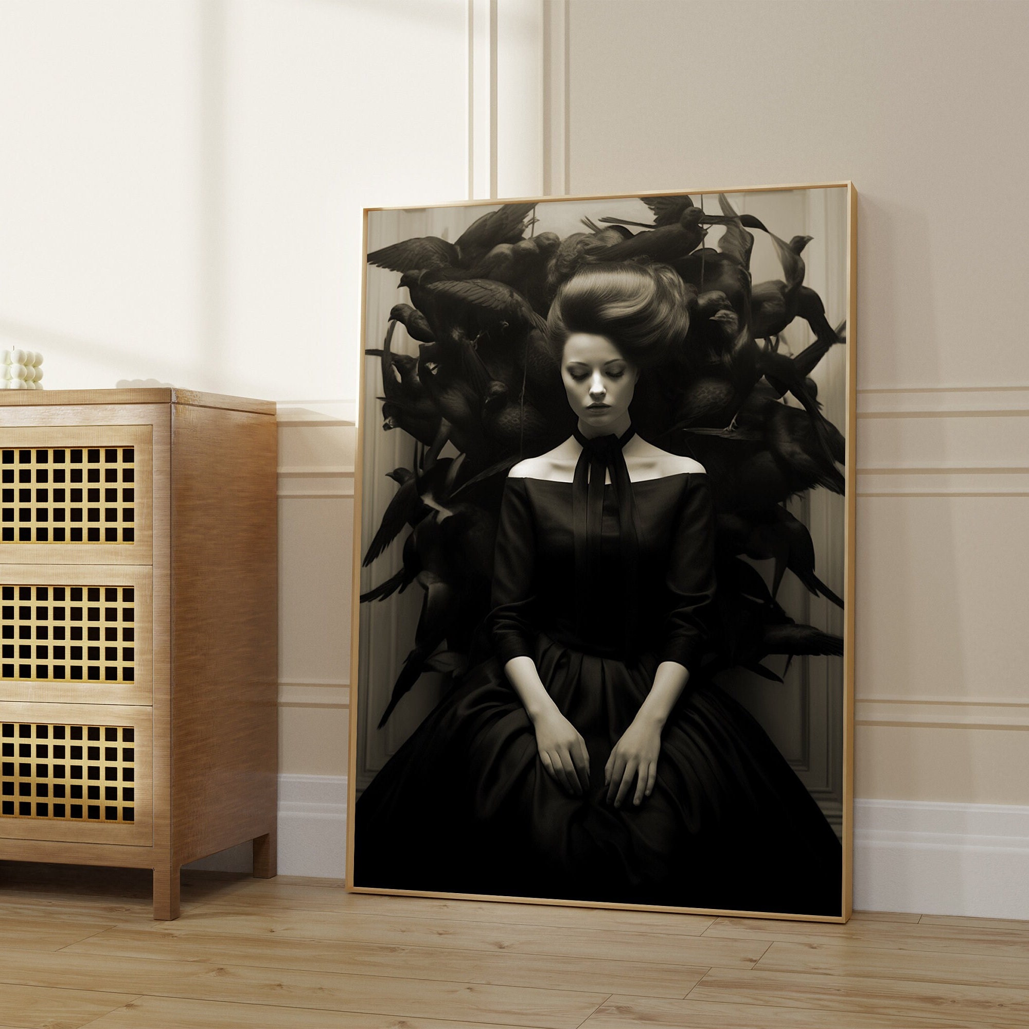 The Lady With Crows Black and White Wall Art Poster Retro - Etsy