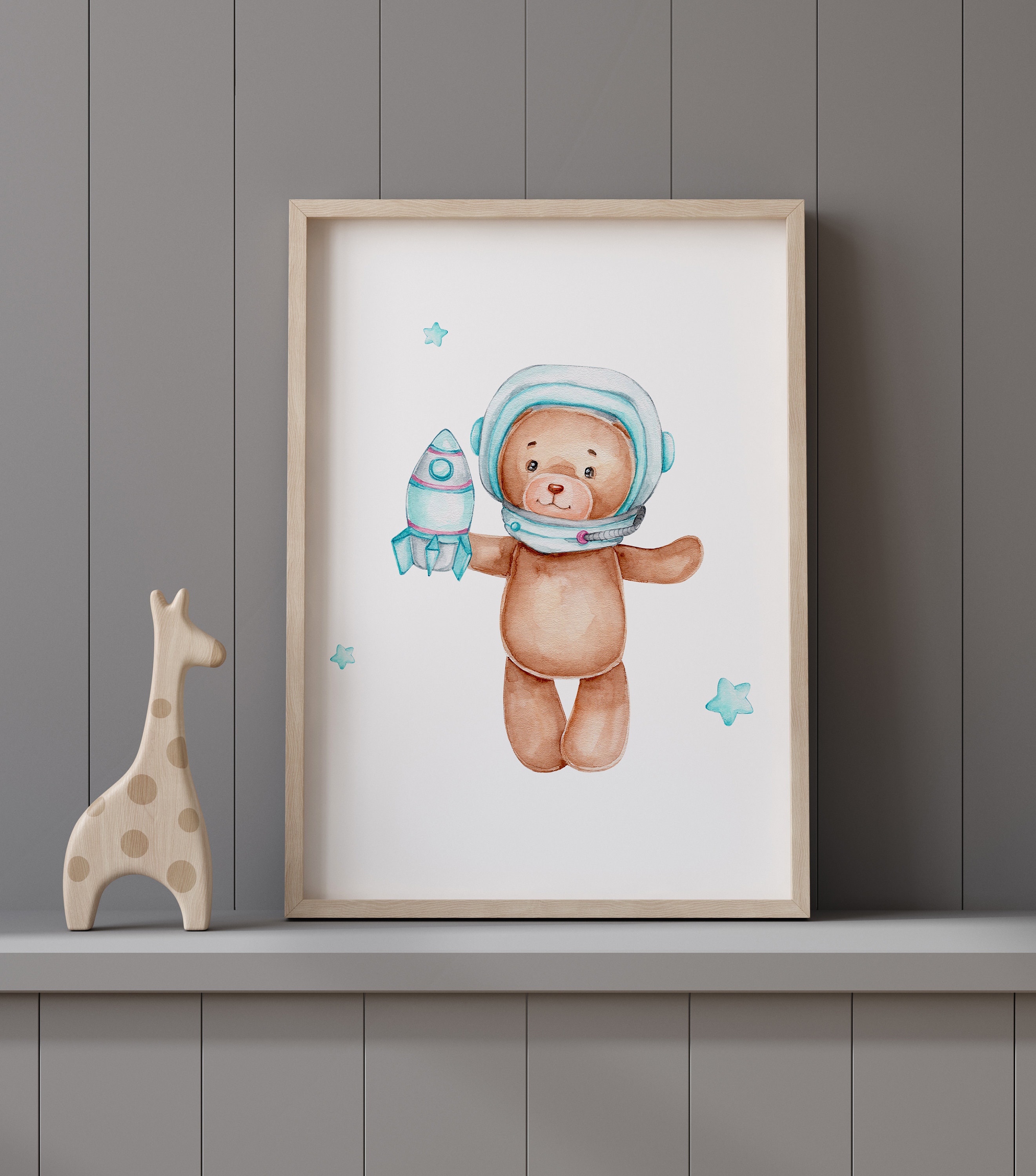 Space Teddy Bear With Rocket, Unframed Print, Nursery Childrens Bedroom ...